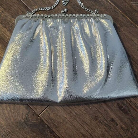 Bags | 197s Metalic Silver Clutch Purse With Rhinestone | Poshmark